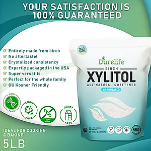 DureLife XYLITOL Sugar Substitute 5 LB Bulk (80 OZ) Made From 100% Pure Birch Xylitol NON GMO - Gluten Free - Kosher, Natural sugar alternative, Packaged In A Resealable zipper lock Stand Up Pouch Bag