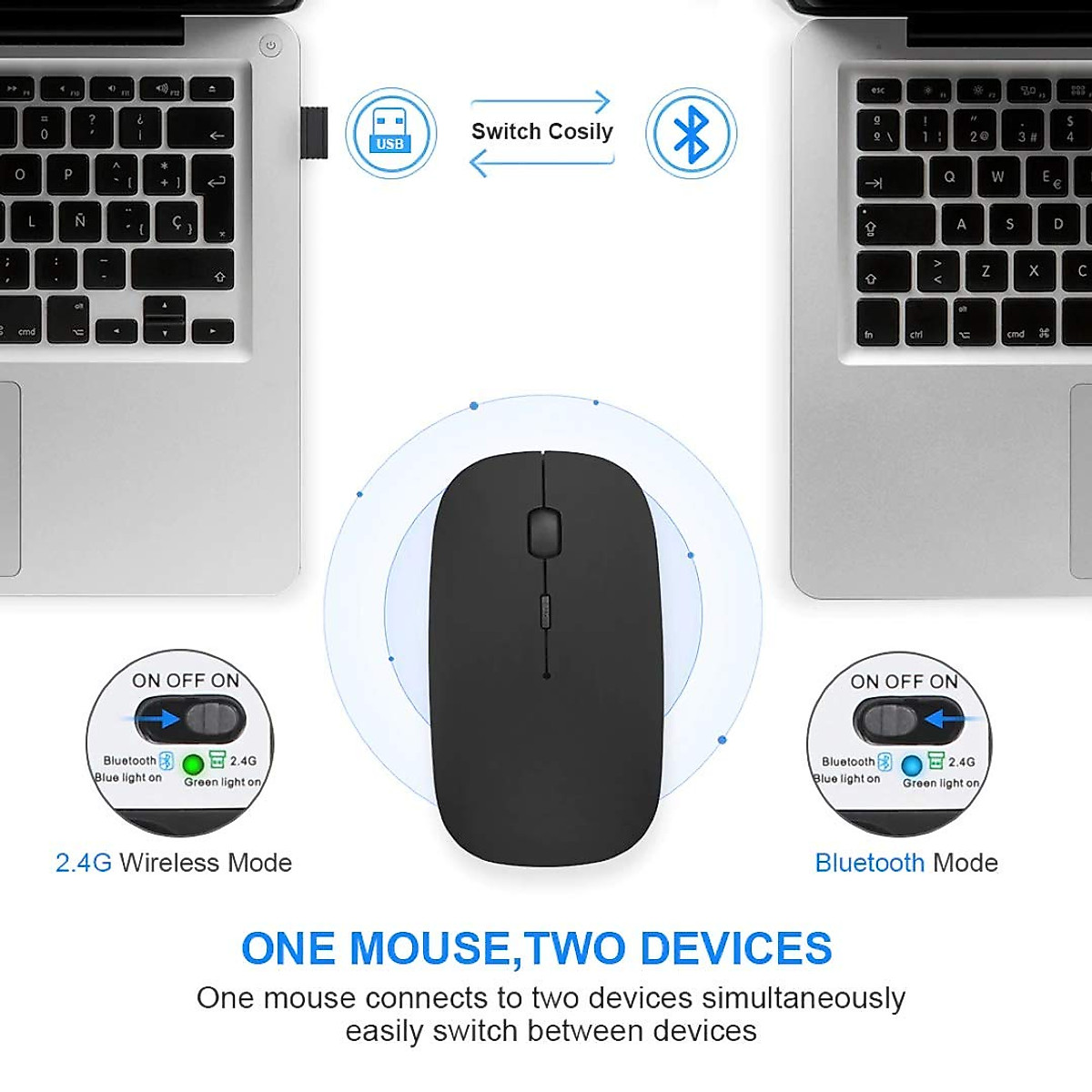 XBOSS X4 Ultra Thin 2.4GHz and Bluetooth Wireless Rechargeable Optical Mouse Computer PC Mice with USB Adapter for Mac Windows Linux Mouse Wireless (Black with Bluetooth + 2.4Ghz)