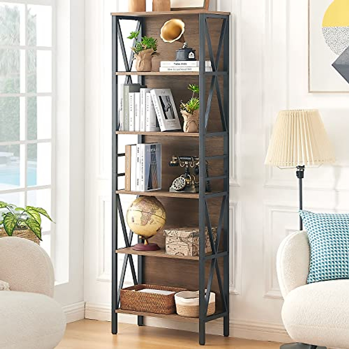 HOMISSUE Bookcase,6-Tier Tall Bookshelf Indstrial Bookshelves with Cabinet, Free Standing Modern Bookcase for Home Office Living Room and Bedroom,Vintage Brown