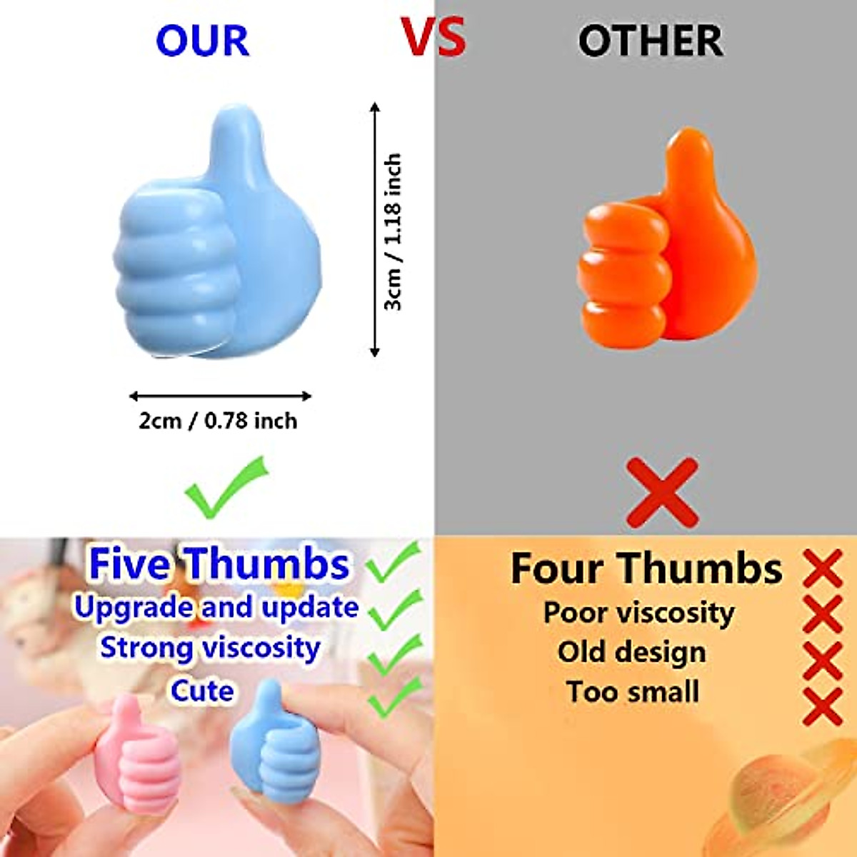 BECILES 20Pcs Silicone Thumb Wall Hook,Multifunction Adhesive Cable Clip,Creative Self Adhesive Thumb Hooks,Holder Wall Hangers for Storage Data Cables, Earphones, Plugs, Key