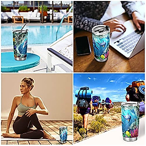 ALAZA 3D Dolphin Ocean Insulated Travel Tumbler Mug with Lid & Straw Double Wall Vacuum Water Bottle Car Cup Stainless Steel, Hot and Cold Thermos, 20oz