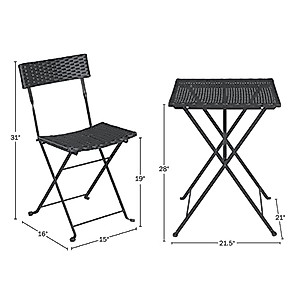 Lavish Home 80-OUTD BLK, Black Folding Patio Bistro Set – 3-Piece Rattan Wood and Steel Café Table and Chairs for Porch, Deck, Garden, or Balcony Furniture