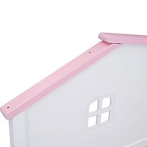 MERITLINE Full Bed Frame with House-Shaped Headboard, Wooden Full Size Platform Bed Frame with Shelf, Cute Full Bed for Kids Teens Girls Boys, No Box Spring Needed, White+Pink