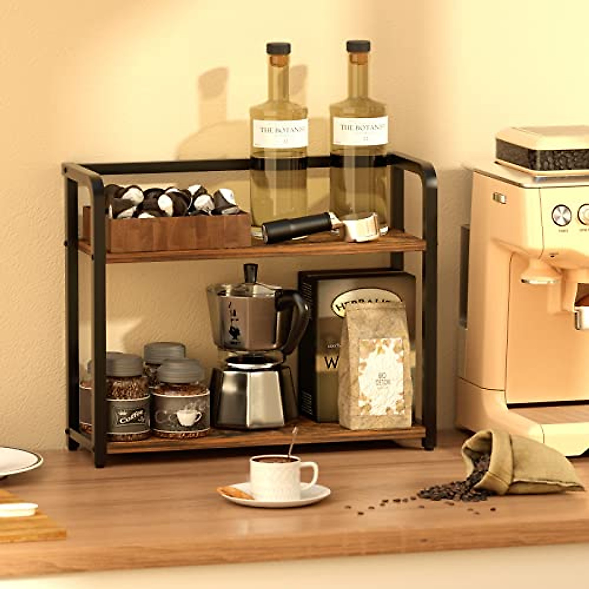 EKNITEY Wood Countertop Shelf Organizer - 2 Tier Kitchen Counter Spice Rack Organizer Coffee Station Organizer for Home, Rustic