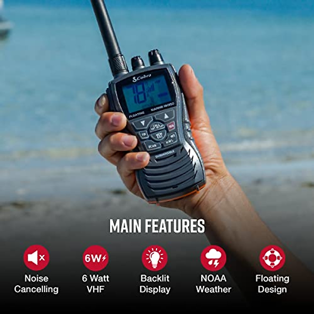 Cobra MR HH350 FLT Handheld Floating VHF Radio - 6 Watt, Submersible, Noise Cancelling Mic, Backlit LCD Display, NOAA Weather, and Memory Scan, Grey