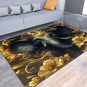 African Elephant Area Rug Opulent Gold Flowers Rugs for Living Room Bedroom Office Non-Slip Washable Indoor Floor Mat Doormat Throw Rugs Carpet 79 in x 39 in