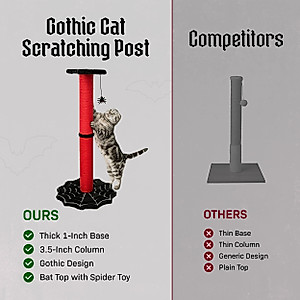 Gothic Cat Scratching Post 34 inch with Sturdy Spider Web Floor Foundation and Bat Shaped Top with Spider Toy, Halloween Cat Scratcher, Cat Tower with Scratching Post, Black and Red Color Littlesy