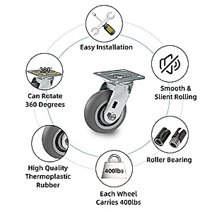 HANDSAMMU 5" x 2" Thermoplastic Rubber Wheels (Crown Tread)-Heavy Duty Casters- 400 Lbs Per Casters- No Noise Plate Caster for Furniture Platform Trucks Workbench (1 Pack Brake)