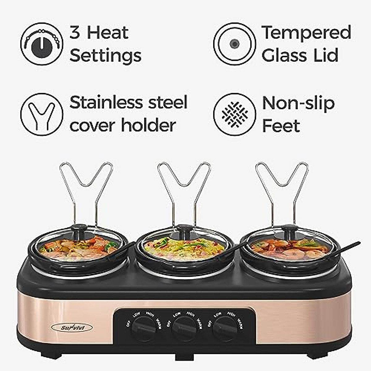 Sunvivi Triple Slow Cookers, 3x1.5 Qt Food Warmer Adjustable-Temp Server, Buffet Server for Parties, Mini Crock Dips Pot, Entertaining ＆ Holiday, Dishwasher Safe Glass Lid & Ceramic Pot, Stainless Copper with Lid Rests, 2 Year-Guarantee