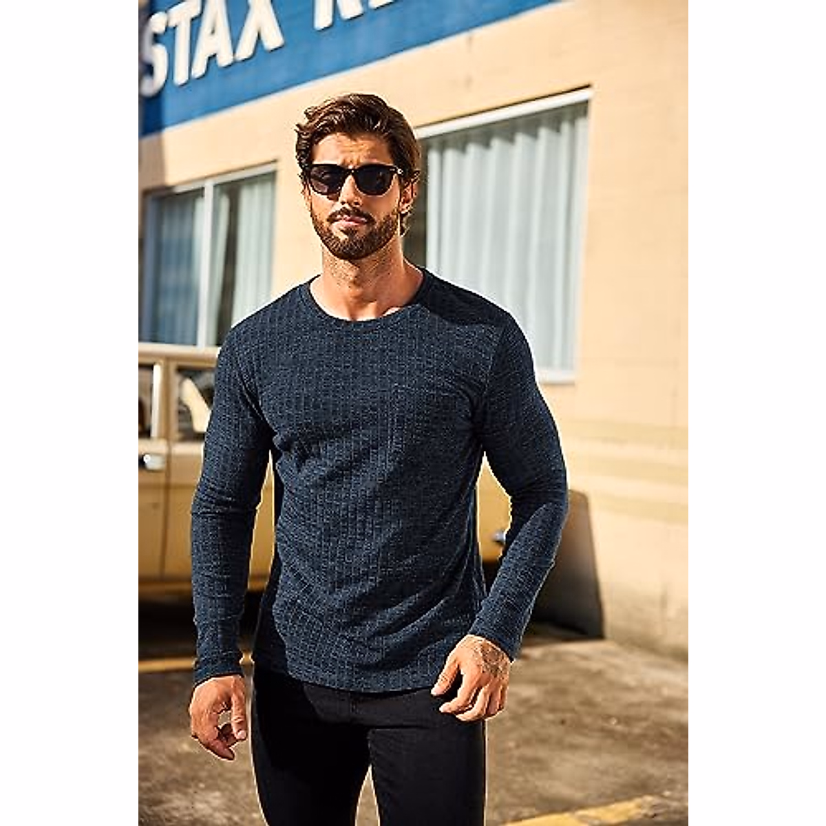 COOFANDY Mens Fitted Long Sleeve Shirt Knit Crew Neck Hispter Fashion Workout T Shirt Navy Blue