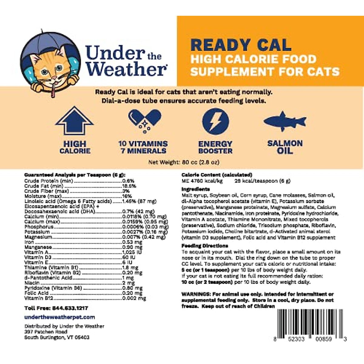 Under the Weather Pet | Ready Cal for Cats 100cc | High Calorie Nutritional Supplement for Weight Gain & Not Eating | 10 Vitamins, 7 Minerals, Omega Fatty Acids