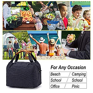 CALIYO Lunch Bag for Women, Insulated Kids Lunch Container with Leather Holder, Foldable Cute Small Cooler Polka Dot Lunch Tote Bag for Office School Picnic Camping Travel, 9L,Black
