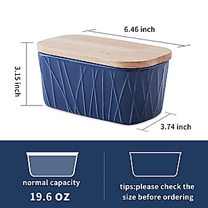KOOV Porcelain Large Butter Dish with Lid for Countertop, Airtight Butter Container with Oak Lid, Butter Crock, Perfect for 2 Sticks of Butter, Irregular Striped Series (Aegean)