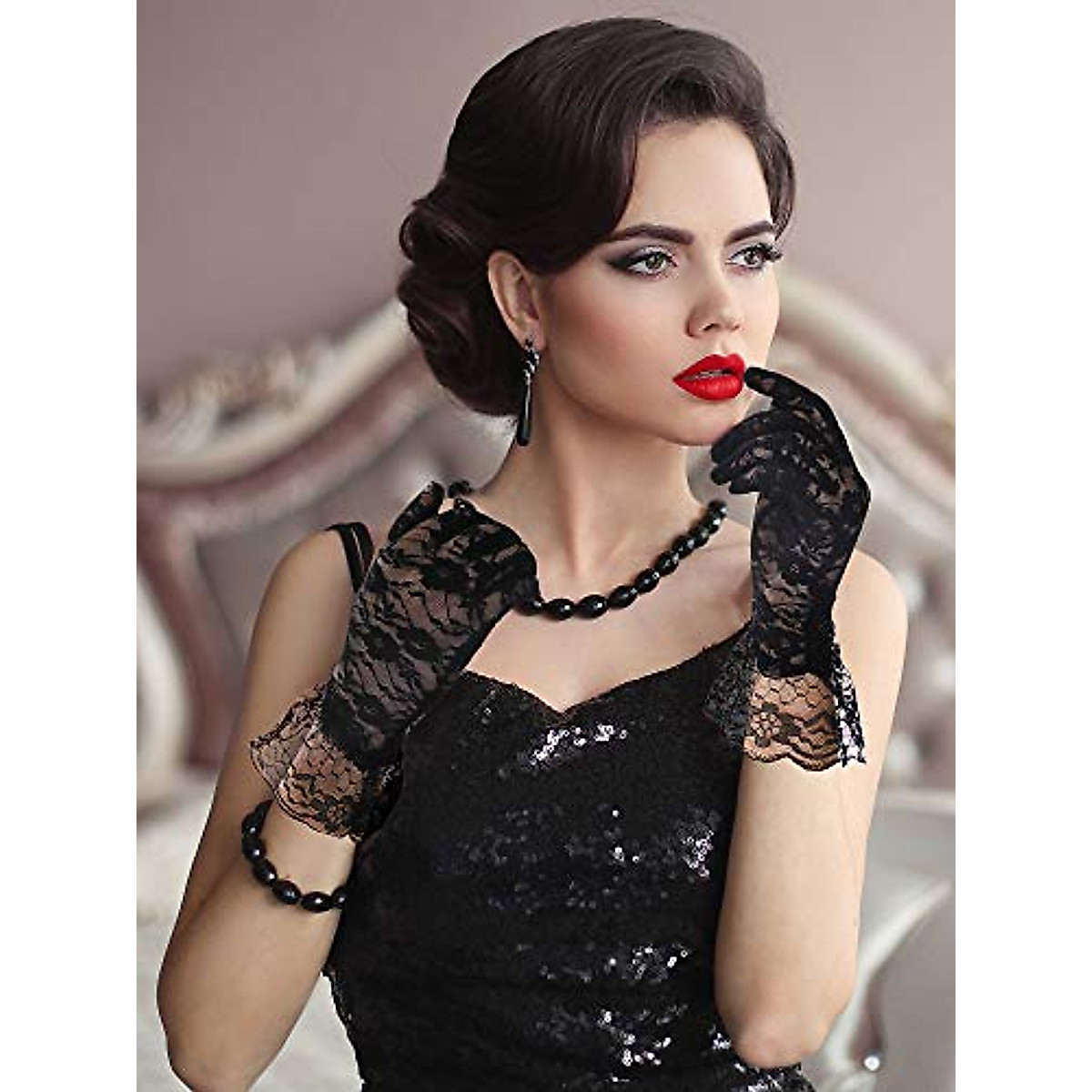 Skylety 3 Pairs Women Lace Floral Gloves Elegant Short Lace Gloves Ladies Tea Party Gloves for Opera Wedding Diner Party(Black, White, Beige)