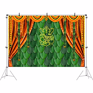 Ticuenicoa 9x6ft India Pooja Traditional Photography Backdrop Banana Leaf Green Chatiya Ganesh Background Puja Ganpati Pooja Mehndi backdrops Decorations Wedding Party Marigold Garlands Photo Props