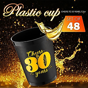 Patelai 48 Pcs Birthday Cups Anniversary Cups, 12 Oz Gold and Black Plastic Cups for Parties, Gold and Black Plastic Stadium Cups for Birthday Decorations Anniversary Wedding Party Favors (30th)