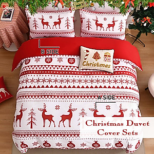 WONGS BEDDING Christmas Duvet Cover Set King Size,3 Pieces Reversible Red Elk Snowflake Pattern Decor Bedding Duvet Cover with Zipper Closure for New Year Holiday, Soft Microfiber Bedding Set 104"x90"
