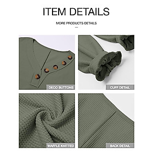 BTFBM Women Long Sleeve Shirts Fall Fashion 2025 V Neck Loose Casual Blouse Deco Button Lightweight Waffle Knit Pullover(Army Green, Small)