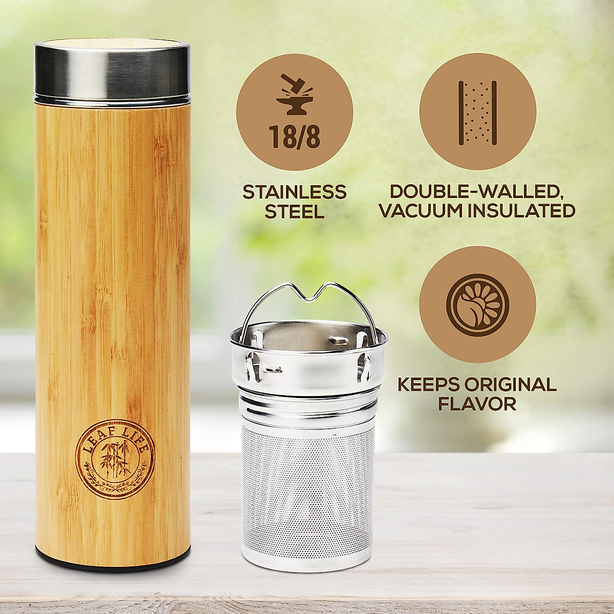 LeafLife Premium Bamboo Thermos with Tea Infusers for Loose Tea 17oz - Hot & Cold for 12 Hrs - Tea Accessories - Long Handled Tea Strainers - Unique Gifts for Women, Tea Gift Set for Women