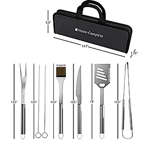 Home-Complete BBQ Grill Tool Set- Stainless Steel Barbecue Grilling Accessories with 7 Utensils and Carrying Case, Includes Spatula, Tongs, Knife