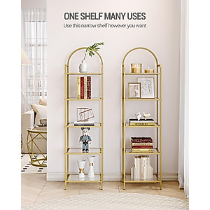 Hzuaneri Bookcase Bookshelf, Tempered Glass Bookshelves, Slim Shelving Unit for Bedroom, Bathroom, Home Office, Steel Frame, 5 Tier Gold BC05001G