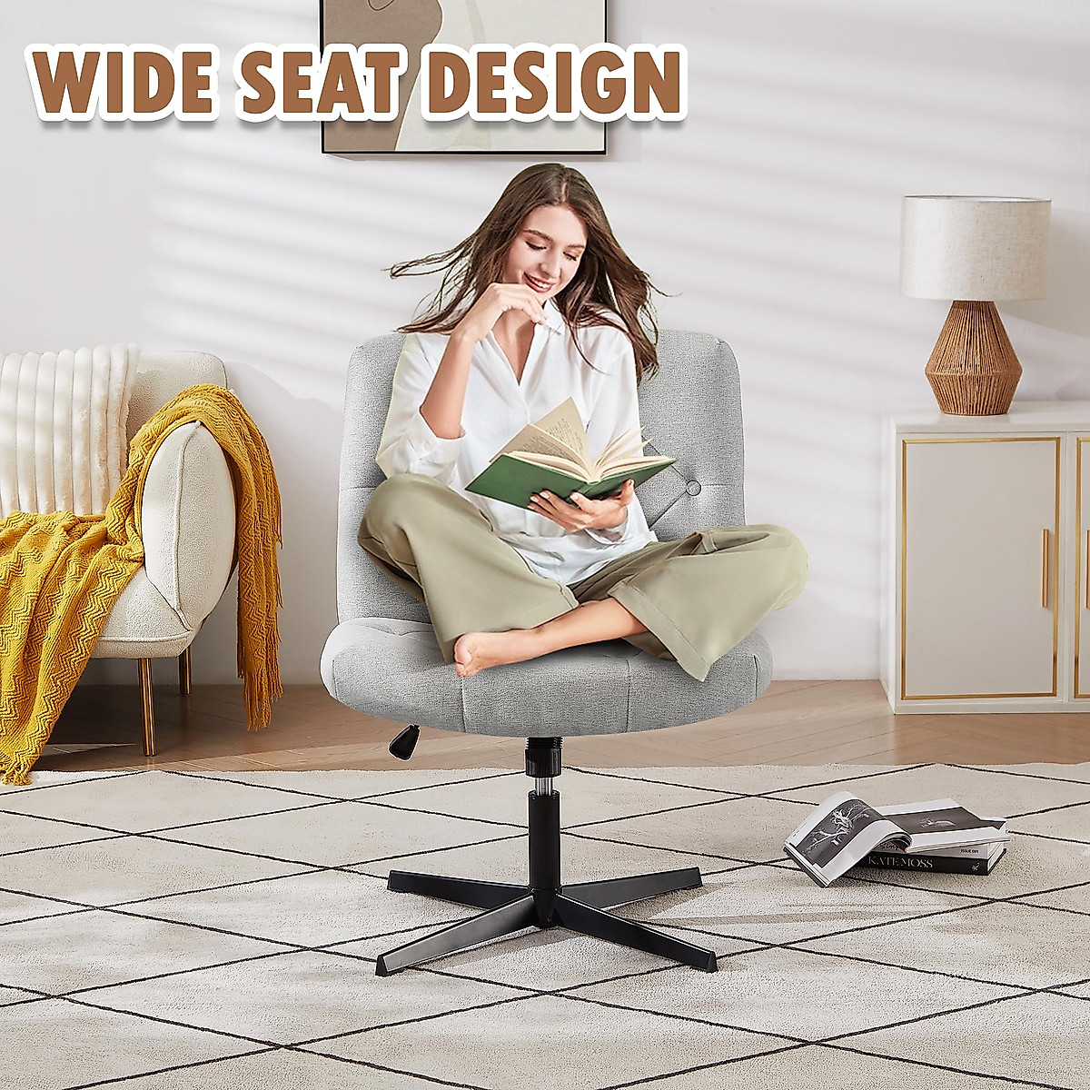 VECELO Criss Cross Armless Office Desk Chair No Wheels Comfy Wide Fabric Padded, Modern Swivel & Height Adjustable for Home/Bedrood/Make Up, Grey
