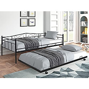 Tensun Twin Size Daybed with Trundle,Metal Bed Frame for Bedroom Living Room, Heavy Duty Steel Slat Support, No Spring Box Needed