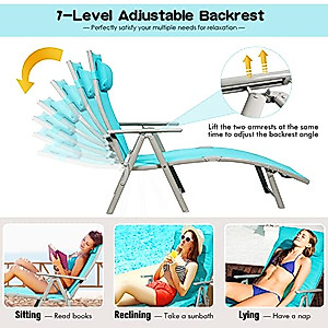 Giantex Chaise Lounge Chair for Outside, Pool Folding Reclining Beach Chair W/Removable Cushion&Headrest Pillow, Outdoor Lounge Chaise w/ 7 Backrest Positions, Portable Patio Lounger (2, Turquoise)