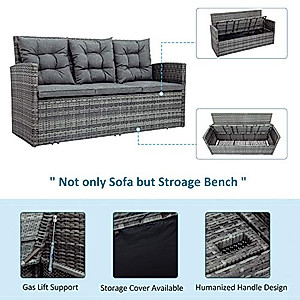 SIYAHOME Conversation 5 Piece UV Outdoor Patio Storage Bench Garden Furniture, PE Modular Set, All Weather Rattan Sofa Dining Table Chair, Grey Wicker, Gray