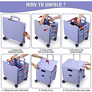 Foldable Utility Cart Collapsible Portable Tool Cart with Wheels Tote Basket,176LBS Load Capacity,Magnetic Lid Telescopic Cover with 360° Wheels Telescoping Handle for Grocery Laundry Luggage,Purple
