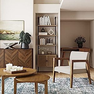 Nathan James Hudson Accent Living Room Chair, Comfy Reading Bedroom Chair, Mid-Century Wood Armchair, Upholstered Fabric and Leather Armrest, Set of 2