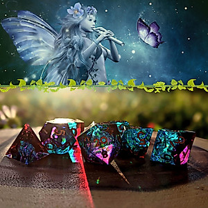 FOXBITE Sharp Dice 7 DND Dice Sets Polyhedral Teal Swirl Black with Sequins Inside with Gorgeous Box Case for DND Dungeons and Dragons (Teal Swirl Black with Sequins) (Fairies)