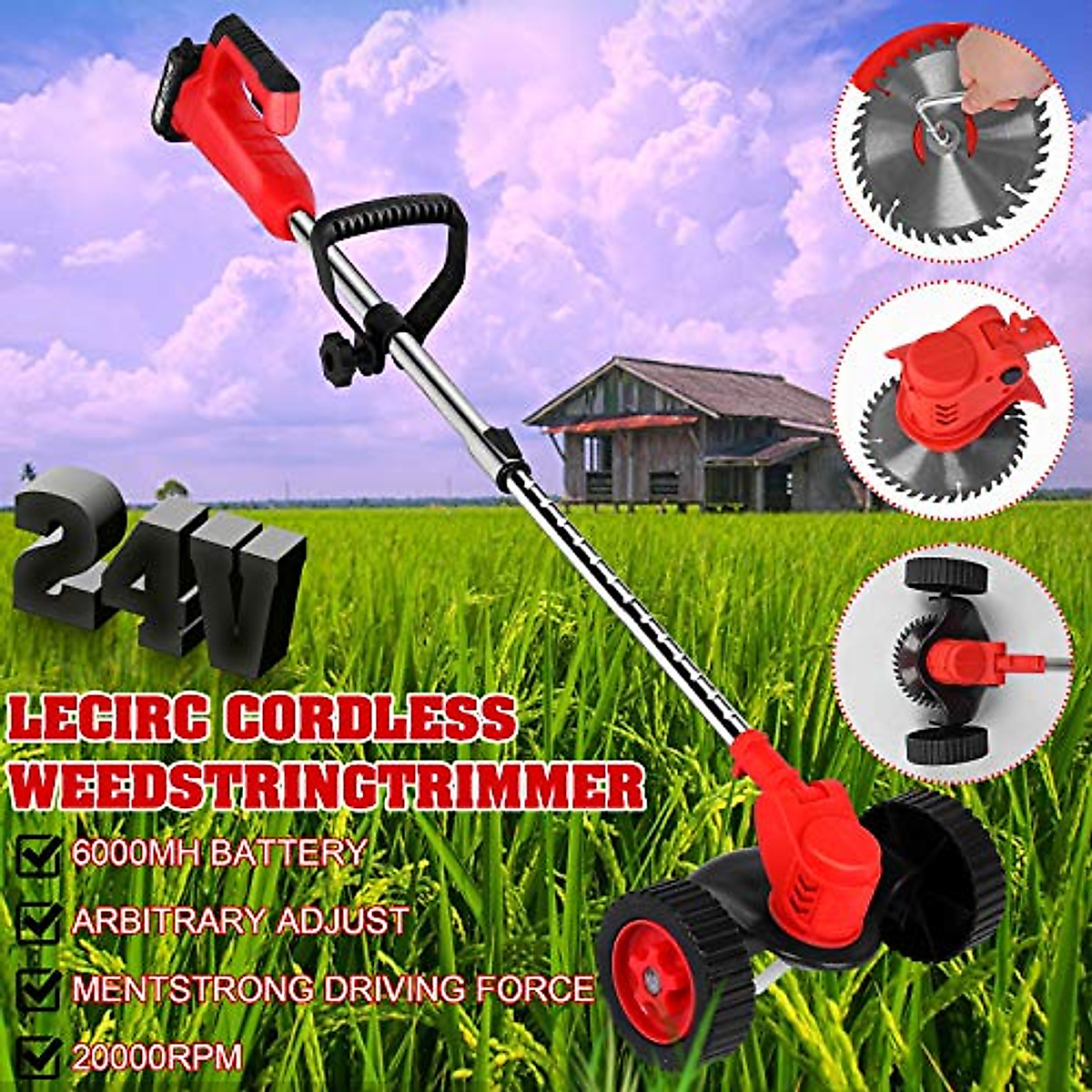 Weed Wacker Cordless String Trimmer - 24V Power Weed Eater Grass Trimmer with 3 Function Blades, Height Adjustable Lawn Edger Brush Cutter for Home Garden, Lawn, Yard (A 1 Battery red)