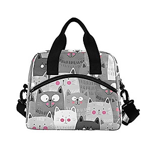 Cartoon Cats Kitten Lunch Bags for Women Black Grey White Lunch Tote Bag Lunch Box Water-resistant Thermal Cooler Bag Lunch Organizer for Working Picnic Beach Sporting