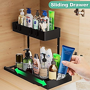 Under Sink Organizer, Height Adjustable Under Sink Organizers and Storage, 2-Tier Pull Out Cabinet Organizers and Storage with 4 Hooks & Cup for Kitchen, Bathroom, Countertop(1 Pack)