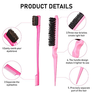 Remerry 12 Pieces Hair Brush Set, Nylon Teasing Hair Brushes 3 Row Salon Teasing Brush, Double Sided Edge Smooth Comb Grooming, Rat Tail Combs with Duckbill Clips for Women(Pink)