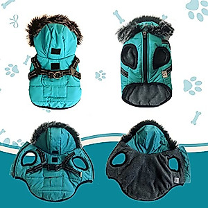 AIMYDOG Dog Winter Hoodie, Warm Cozy Dog Coat with Pockets, Waterproof Windproof Harness Dog Jacket, Thick Polar Fleece Pet Vest, Reflective & Adjustable Blue Dog Apparel for Small Medium Dogs & Cats