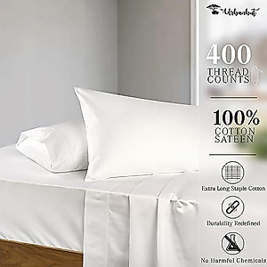 URBANHUT 400 TC Egyptian Cotton Sheets King Size, Sateen Weave Luxury Bedsheets for King Size Bed, 4 pc Bed Sheets Set, Cooling Sheets, with 16" Elasticized Deep Pockets, Hotel Sheets - White