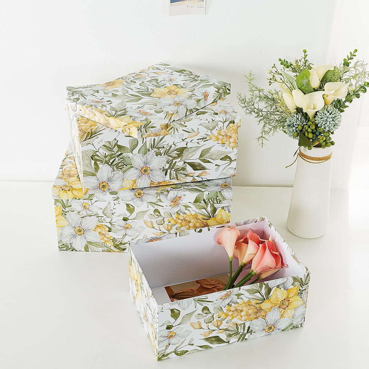 Soul & Lane Garden Glory Decorative Boxes with Lids - Set of 3: Floral Photo Storage, Stackable Small Home Decor Boxes, Nesting Gift Cartons, Boho Print Mache Containers, Cardboard Document Storage