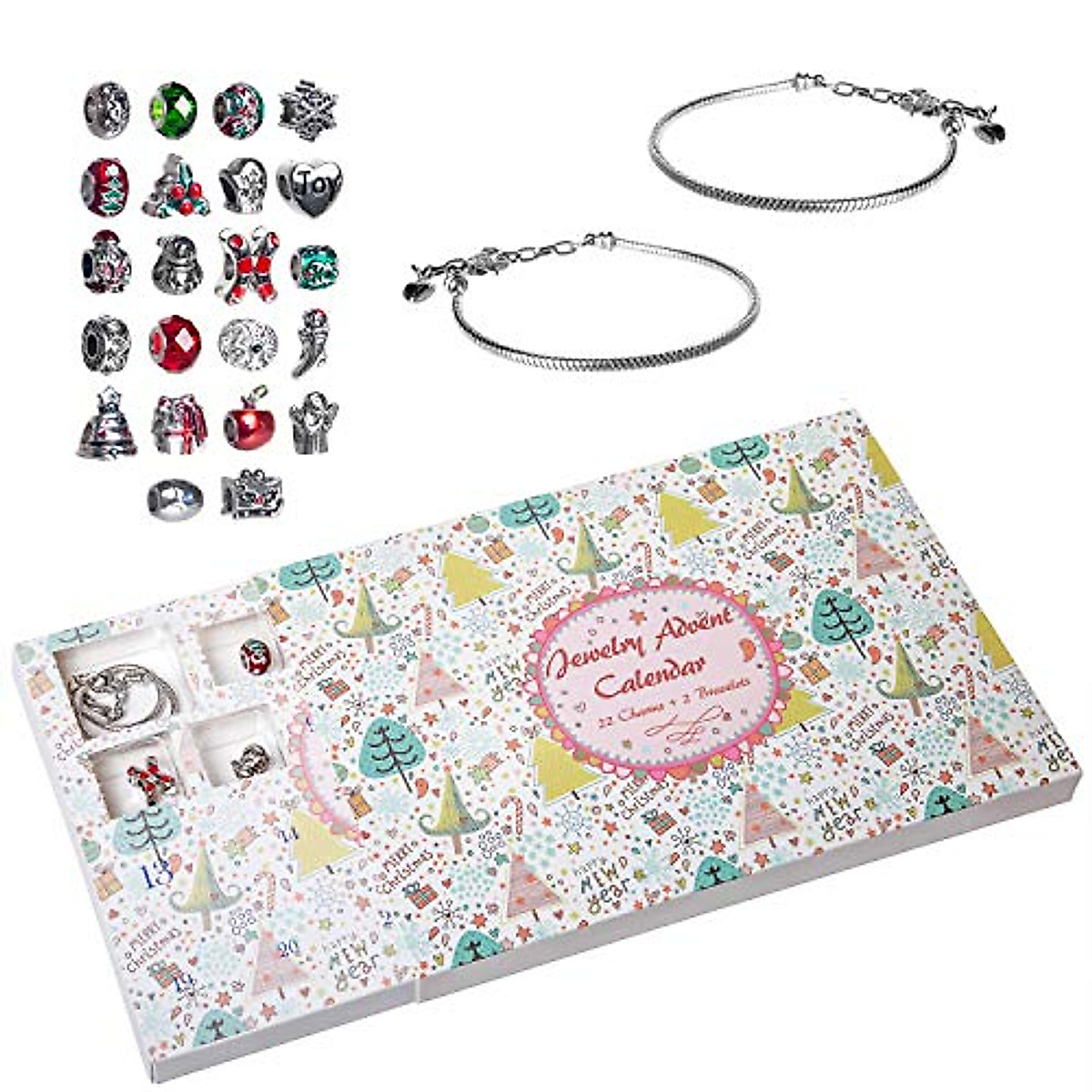 Red Co. Christmas Advent Charm Calendar with 2 Bracelets & 22 Unique Charms Jewelry Set - 24 Gifts Total Present for Daughter, Niece, Granddaughter