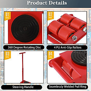 Yellulu 4pcs Machinery Mover, 6T Machinery Skate Dolly with 2 Steering Handle, 13200lbs Machinery Moving Skate, with 360°Rotation Cap and 4 Rollers, Heavy Duty Industrial Moving Equipment,Red