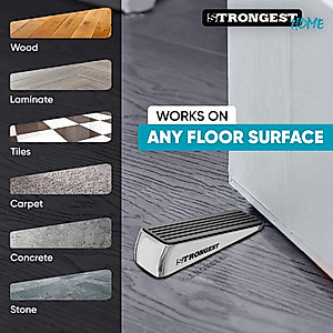 Strongest Door Stopper, Heavy Duty Door Stop Wedge Made of Premium Quality Zinc and Rubber Suits Any Door,Any Floor. Set of 2 Plus Bonus Self Adhesive Wall Protectors (Black Silver, 6 Pack)