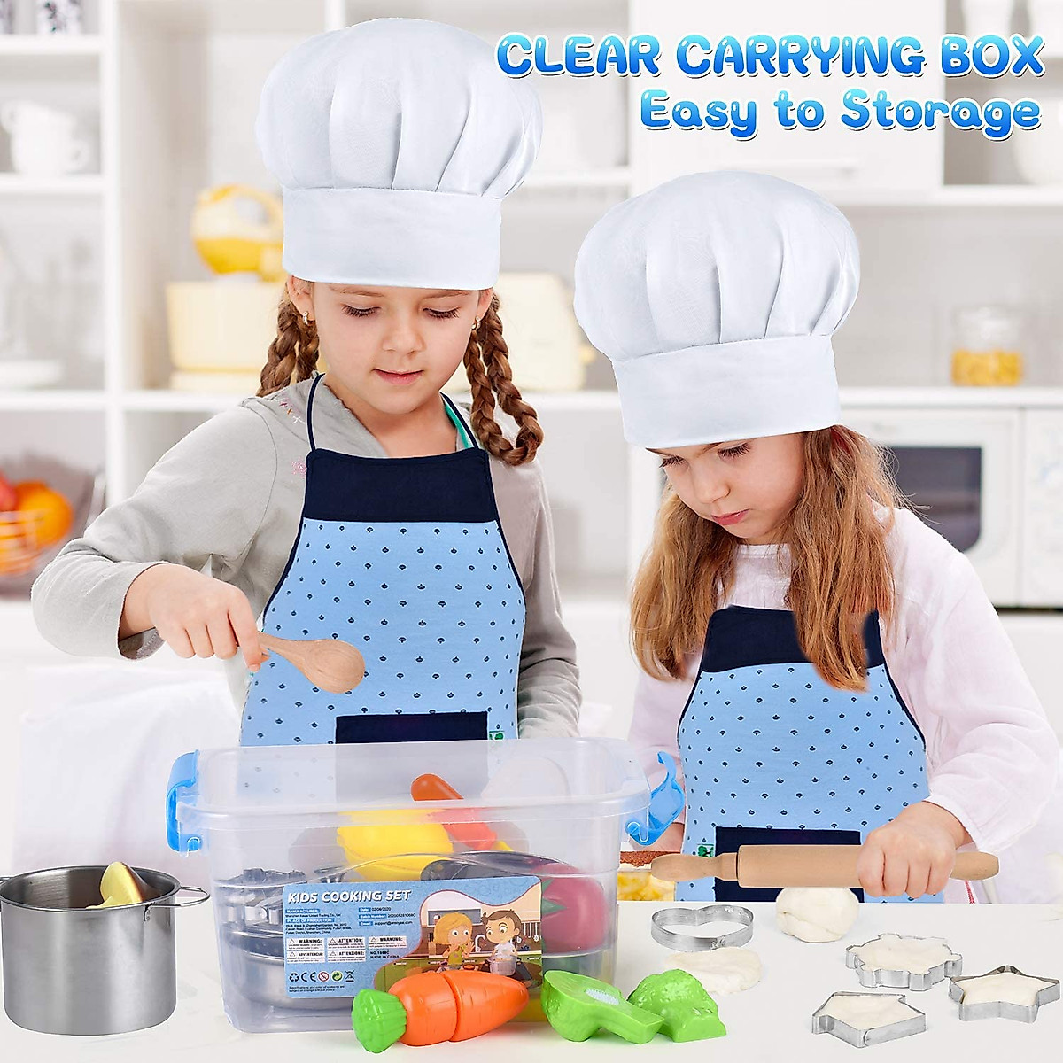COSILY Kitchen Pretend Play Toys, Kids Cooking and Baking Set with Stainless Steel Cookware Pots and Pans Set, Cooking Utensils, Apron & Chef Hat, Cupcake Moulds, Cutting Vegetables for Boys and Girls