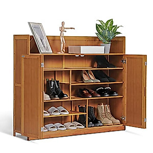 MoNiBloom 5 Tier Bamboo Shoe Cabinet with Doors, Bamboo Free Standing Shoe Shelf Organizer Storage w/High Baffle for 21-25 Pairs Entryway Hallway Office Home, Brown