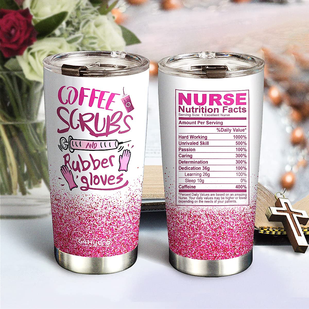 64HYDRO 20oz Coffee Scrubs and Rubber Gloves Nurse Nutrition Facts Inspiration Motivation Tumbler Cup with Lid, Double Wall Vacuum Sporty Thermos Insulated Travel Coffee Mug - THA0503002Z