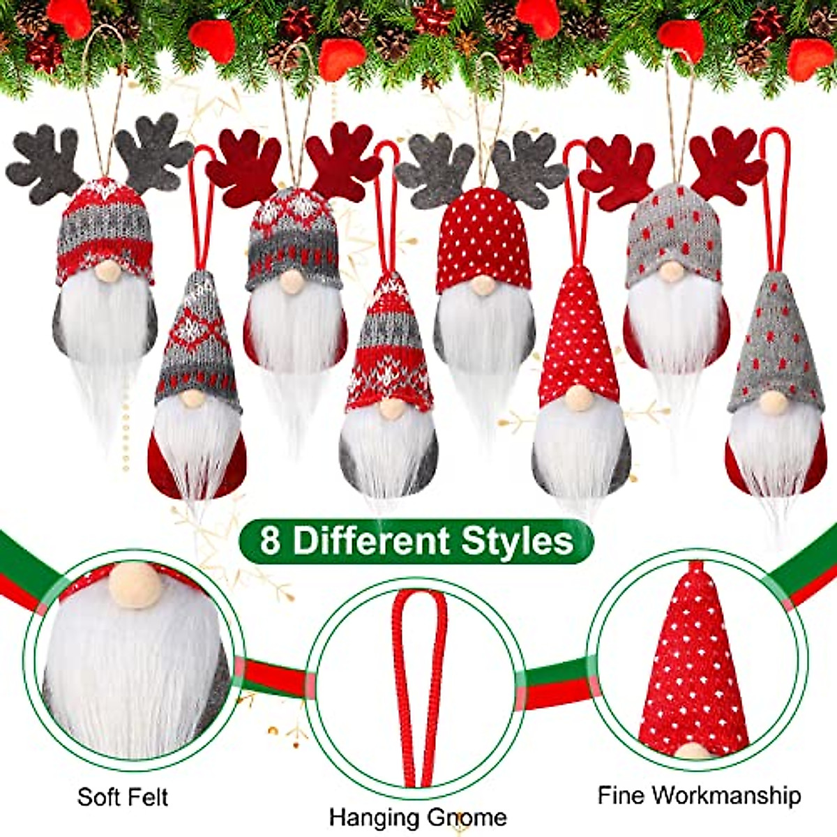 Christmas Tree Hanging Gnomes Elf Gnome Plush Christmas Ornaments Elk Swedish Handmade Gnome Decor Mini Halloween Gnomes Scandinavian Santa Holiday Decoration for Walls Stairs Windows(8 Pieces)