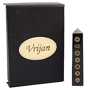 VRIJAN Crystals. Crystals And healing Stones. Healing Crystals. Chakra Gemstones. Black Obsidian Crystal Gift Chakra Symbols Engraved Wand in Big Size And Beautiful Gift Box.
