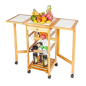 Kepooman Kitchen Dining Cart Wood Portable Folding Rolling Drop Leaf Kitchen Island Storage Trolley Cart Shelves w/Drawers,Rack,Fruit Baskets,Brown