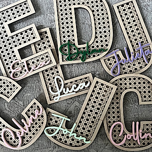 Custom Boho Wood Personalized Initial & Name Sign, 3D Layered Letter Handmade Rattan Wall Decor for Nursery or Child's Bedroom - Baby Shower, Newborn, Girl or Boy's Birthday Gift