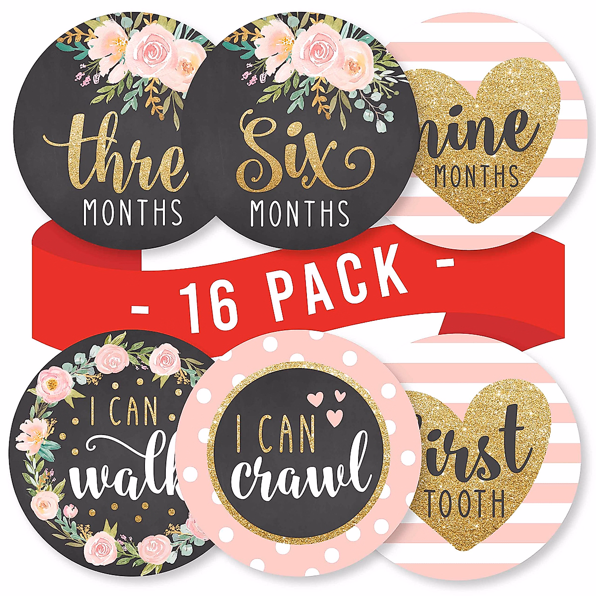 16 Monthly Baby Milestone Stickers Girl - Floral Baby Monthly Milestone Stickers For Baby Girl, Milestone Baby Monthly Stickers, Baby Month Stickers For Baby Photo Props, Monthly Baby Stickers Girl